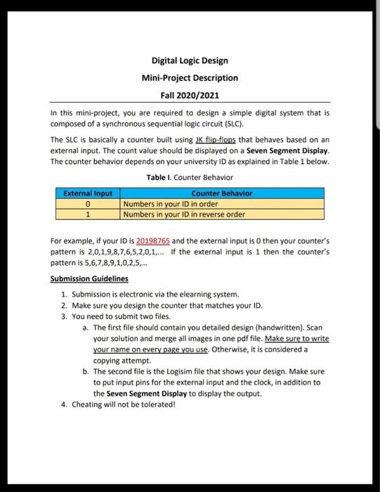 Digital Logic Design Mini-Project Description Fall | Chegg.com