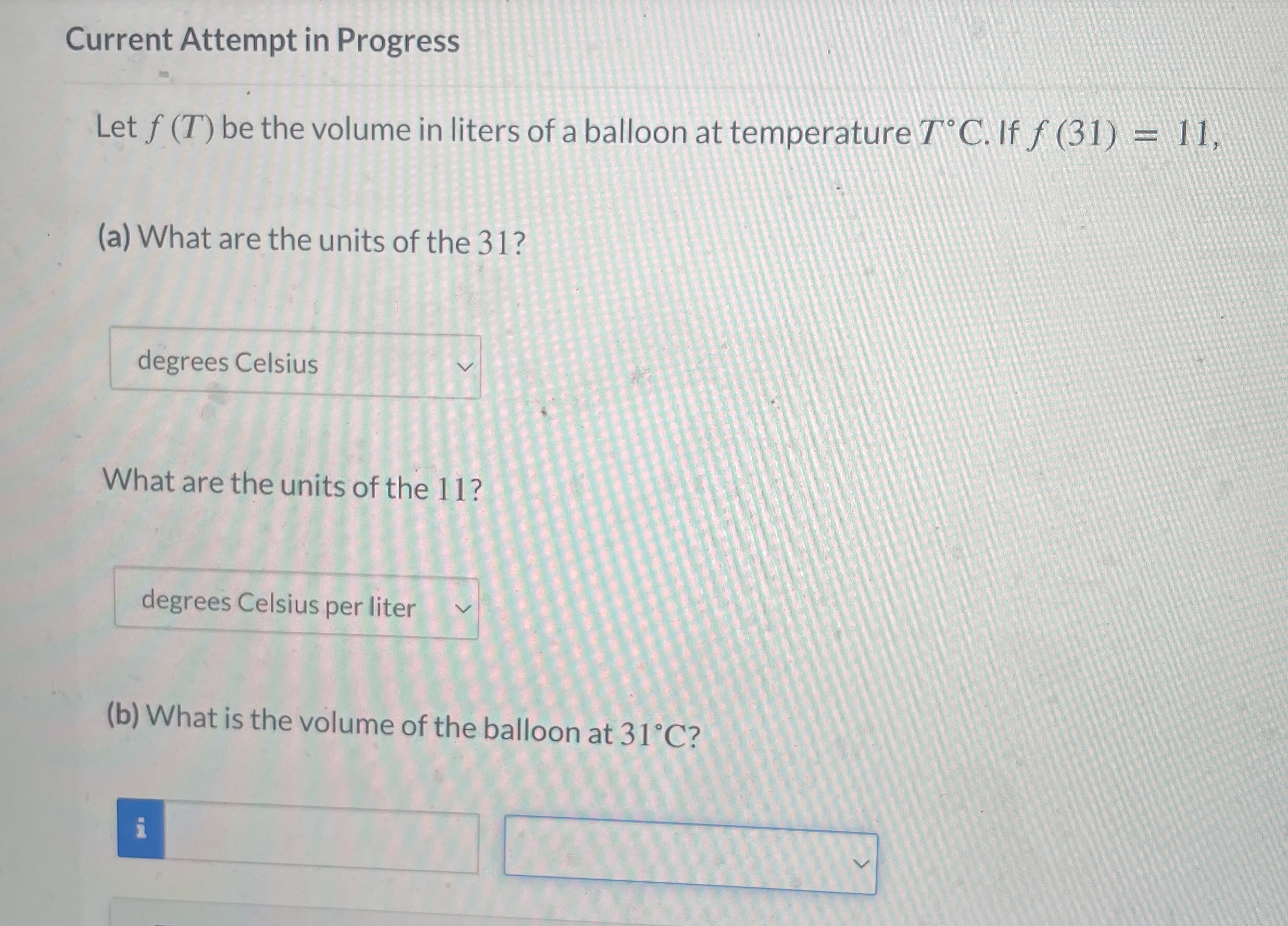 Solved Current Attempt in ProgressLet f(T) ﻿be the volume in | Chegg.com