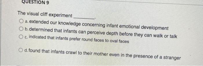 Solved QUESTION 9 The visual cliff experiment O a. extended | Chegg.com