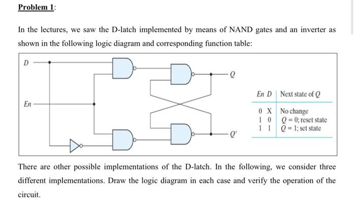 In the lectures, we saw the D-latch implemented by | Chegg.com