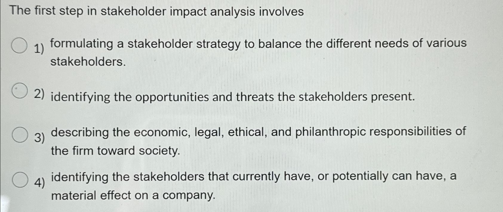 Solved The first step in stakeholder impact analysis | Chegg.com