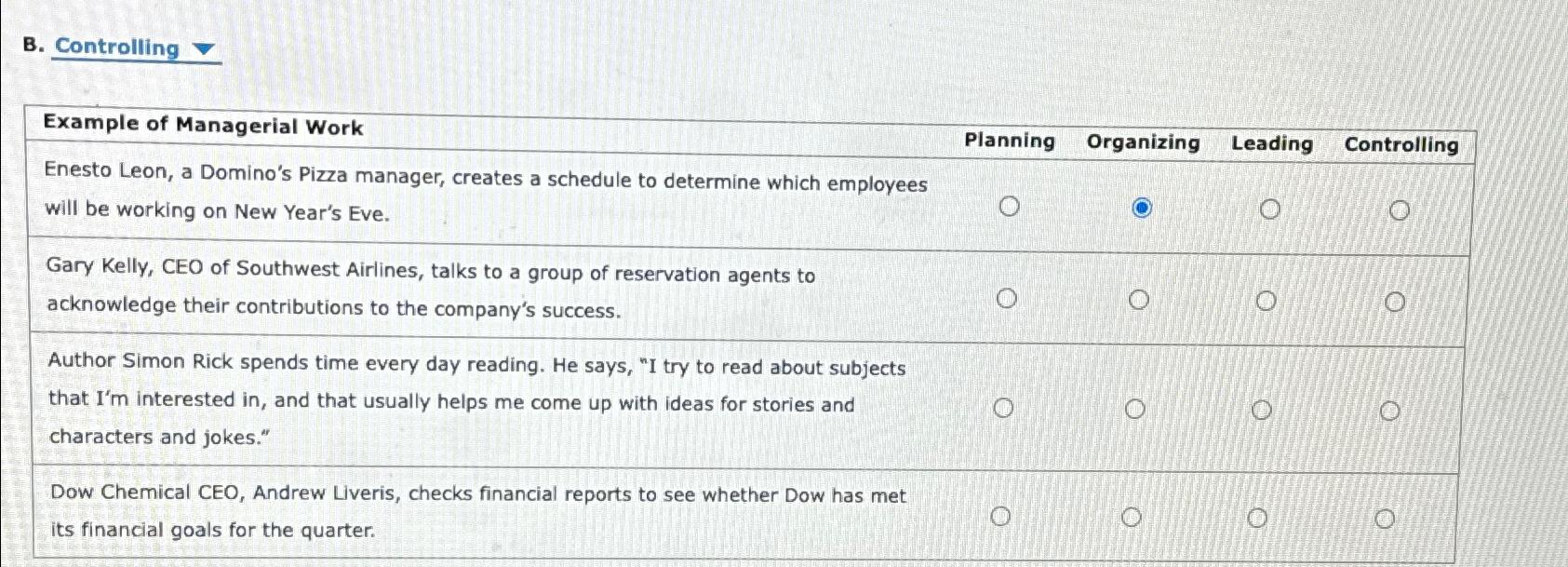 Solved B. ﻿Controlling\table[[Example of Managerial | Chegg.com