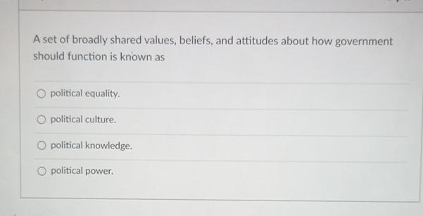 Solved A set of broadly shared values, beliefs, and | Chegg.com