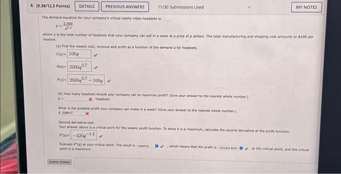 Solved 8. [9.38/12.5 Points] DETAILS p= The demand equation | Chegg.com
