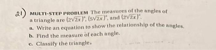 Solved 21) MULTI-STEP ProBLEM The measures of the angles of | Chegg.com