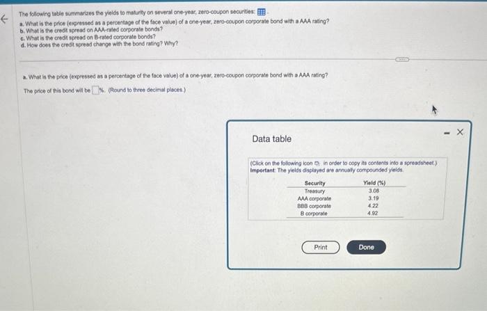 Ke The following table summarizes the yields to | Chegg.com