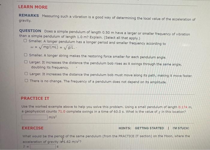 Solved EXAMPLE 13.7 Measuring the value of g GOAL Determine | Chegg.com