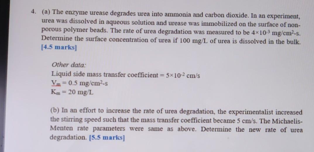 4. (a) The enzyme urease degrades urea into ammonia | Chegg.com