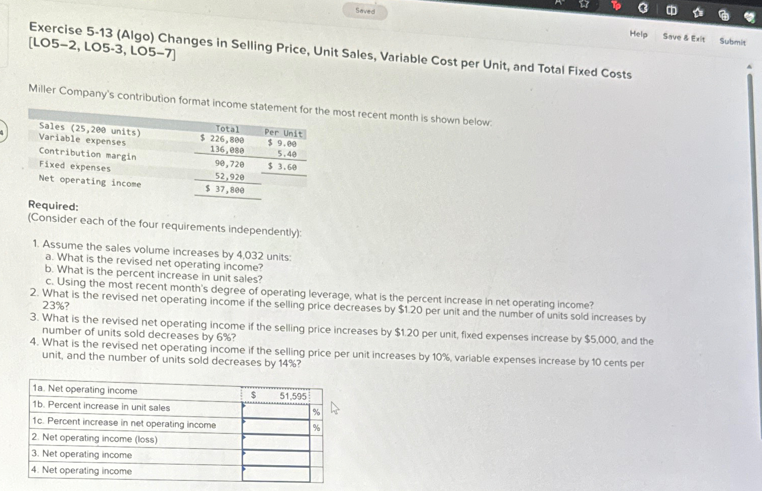 Solved Exercise 5-13 (Algo) ﻿Changes in Selling Price, Unit | Chegg.com