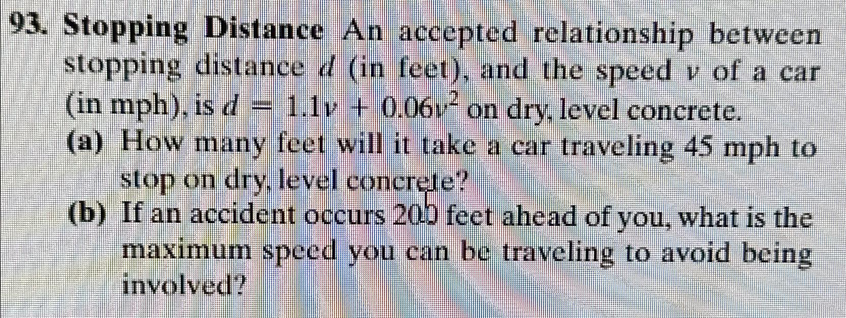 Solved Stopping Distance An accepted relationship between | Chegg.com