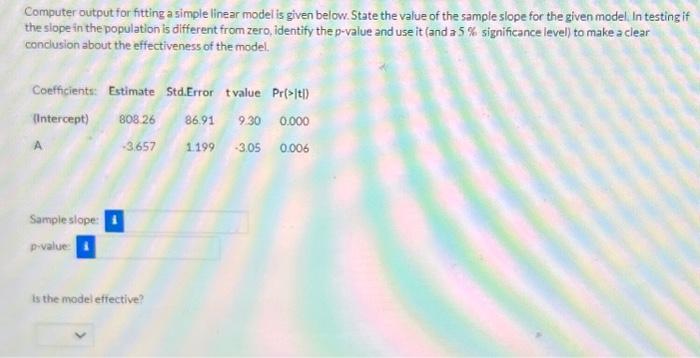 Solved Computer output for fitting a simple linear model is | Chegg.com