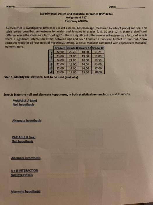 Solved Name: Date: Experimental Design and Statistical | Chegg.com