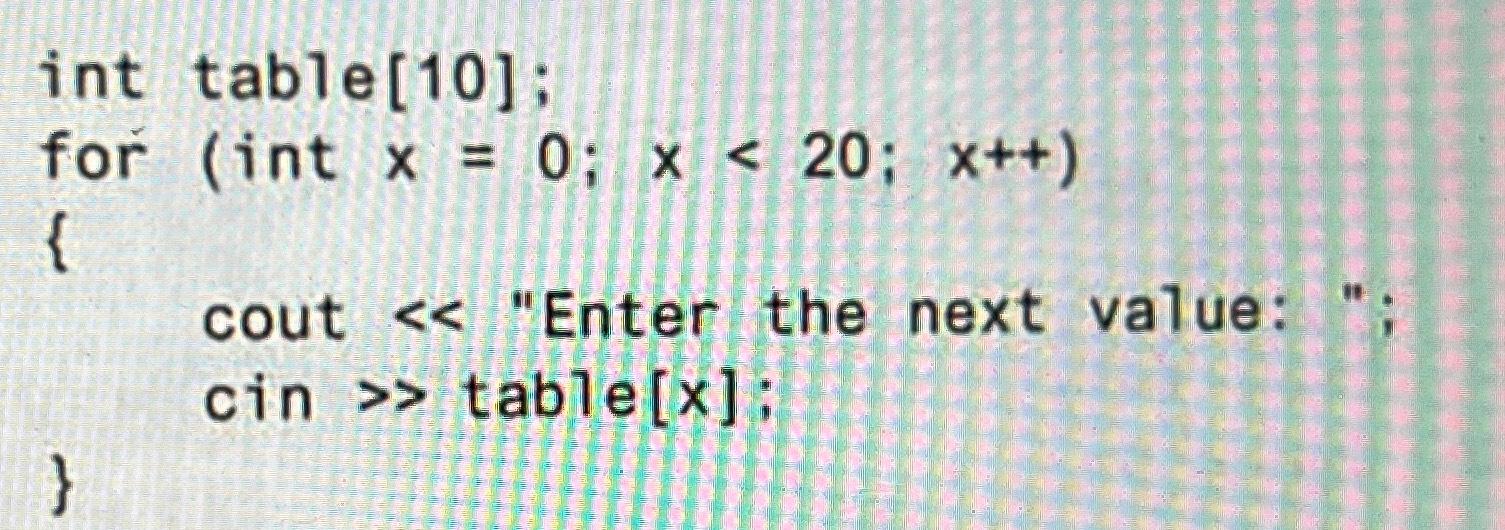 Solved int table[10];for (int x=0;x