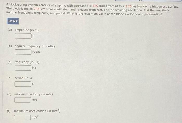 Solved A block-spring system consists of a spring with | Chegg.com