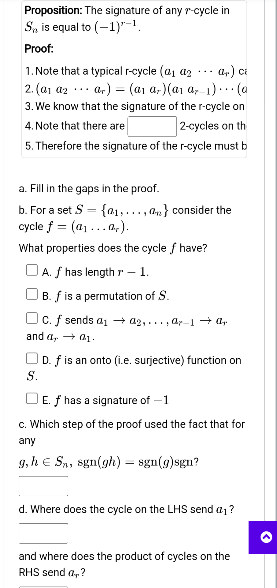 Proposition: The signature of any r-cycle in Sn ﻿is | Chegg.com