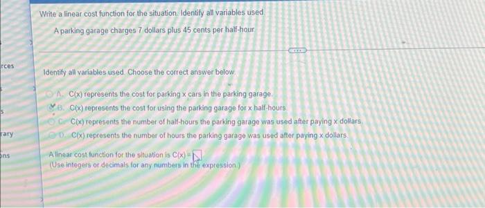 Solved a Write a linear cost function for the situation. | Chegg.com