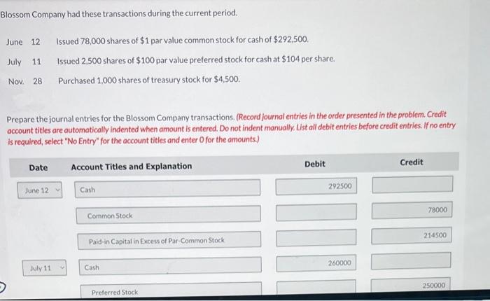 Solved Blossom Company had these transactions during the | Chegg.com