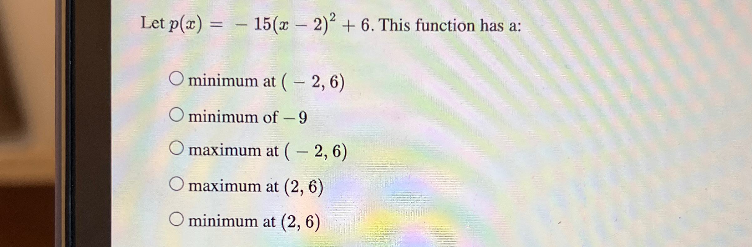 Solved Let p(x)=-15(x-2)2+6. ﻿This function has a:minimum at | Chegg.com