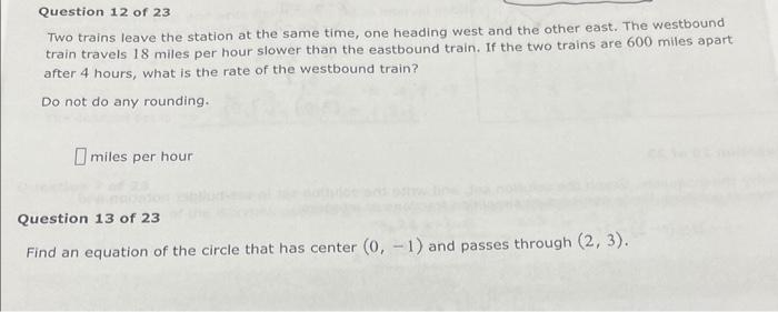 Solved Question 12 of 23 Two trains leave the station at the | Chegg.com