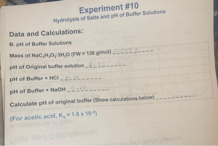 Solved Experiment \#10 Hydrolysis of Salts and pH of Buffer | Chegg.com