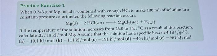 Solved Practice Exercise 1 When 0.243 g of Mg metal is | Chegg.com
