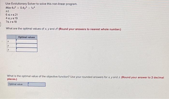 Solved Use Evolutionary Solver to solve this non-linear | Chegg.com