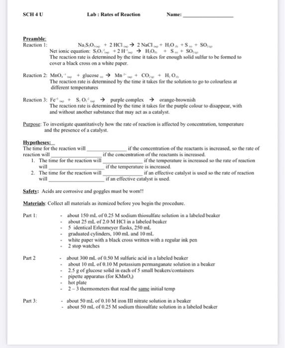 SCH 4 U Lab: Rates of Reaction Name: Preamble | Chegg.com