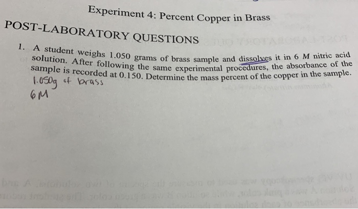 Experiment 4: Percent Copper in Brass POST-LABORATORY | Chegg.com
