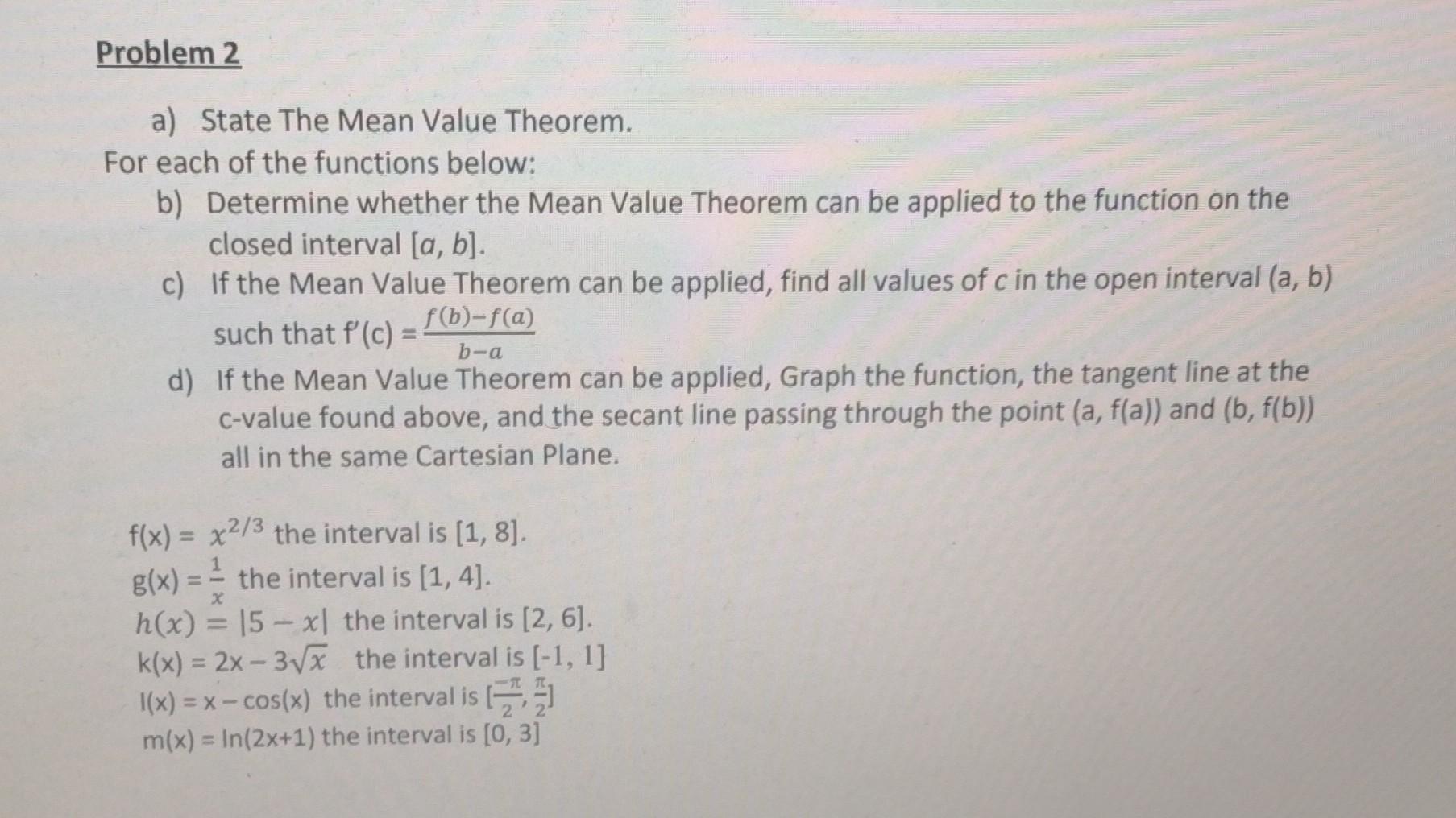 Solved a) state the mean value theorem. For each of the | Chegg.com