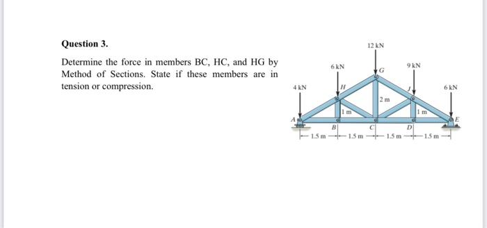 Solved Question 3 . Determine the force in members BC,HC, | Chegg.com