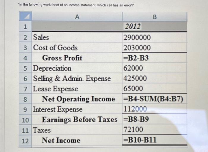 Solved "In the following worksheet of an income statement, | Chegg.com