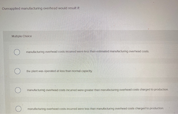 Solved Overapplied manufacturing overhead would result if: | Chegg.com