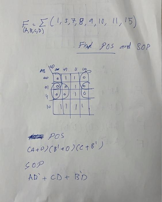 Solved F(A,B,c,D)(1,3,7,8,9,10,11,15) Find POS and 80P | Chegg.com