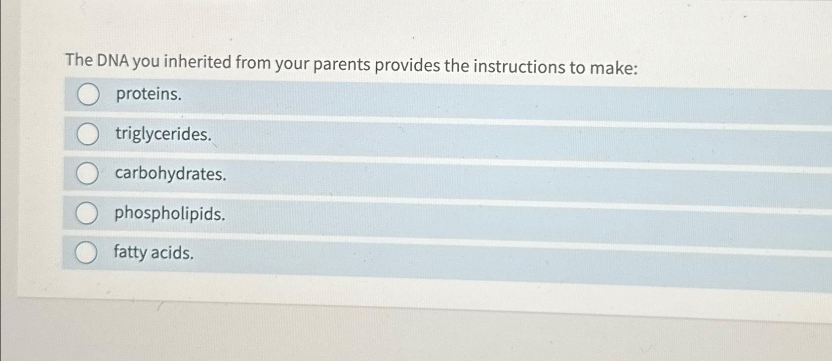 Solved The DNA you inherited from your parents provides the | Chegg.com