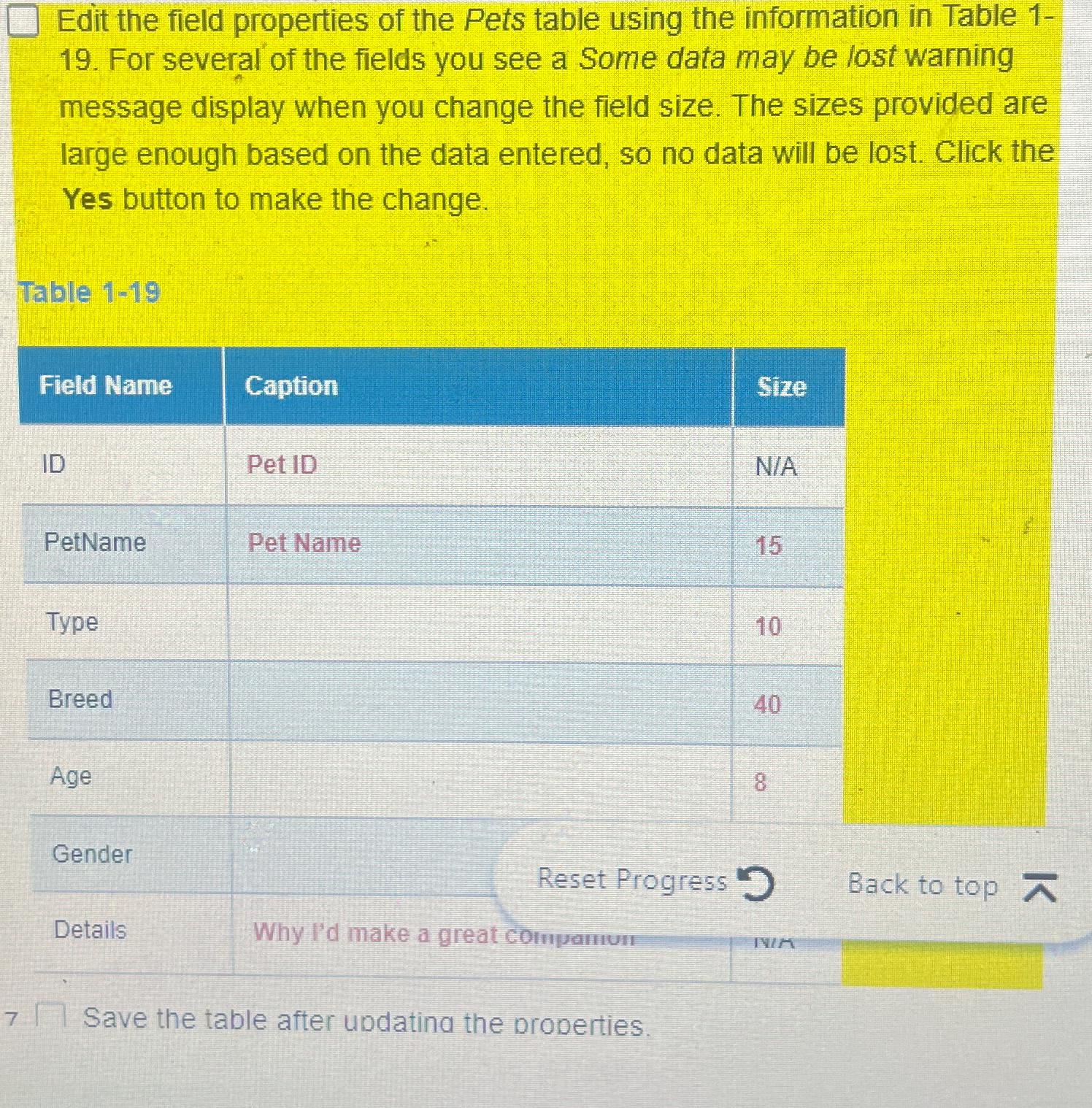 Solved Edit the field properties of the Pets table using the | Chegg.com