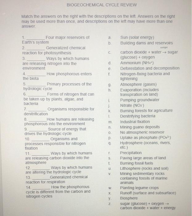 Solved BIOGEOCHEMICAL CYCLE REVIEW Match the answers on the | Chegg.com