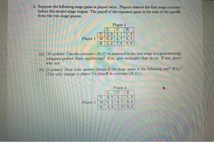 Solved 3. Suppose the following stage game is played twice. | Chegg.com