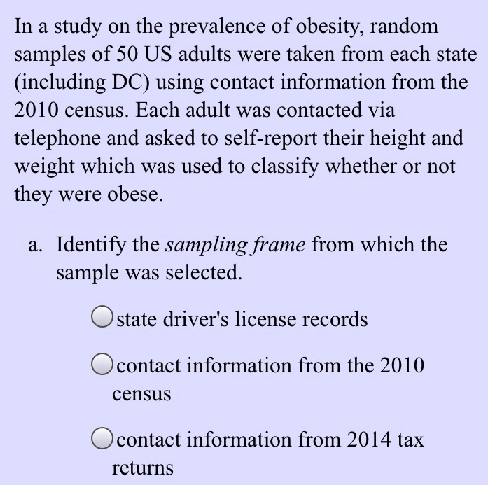 Solved In a study on the prevalence of obesity, random | Chegg.com