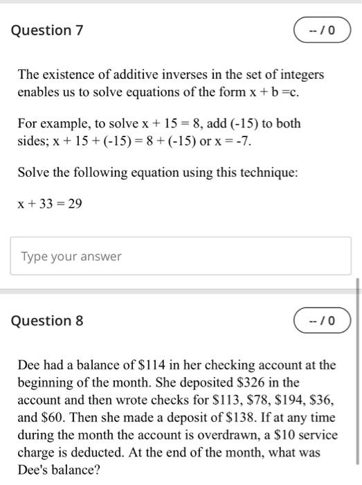 Solved Question 7 -10 The existence of additive inverses in | Chegg.com