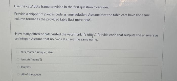 Solved The pandas DataFrame cats contain details on the | Chegg.com