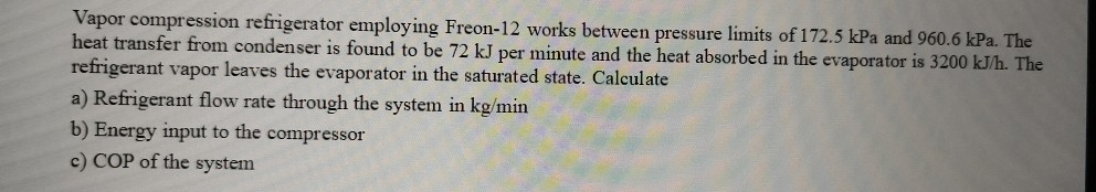 Solved Vapor compression refrigerator employing Freon-12 | Chegg.com