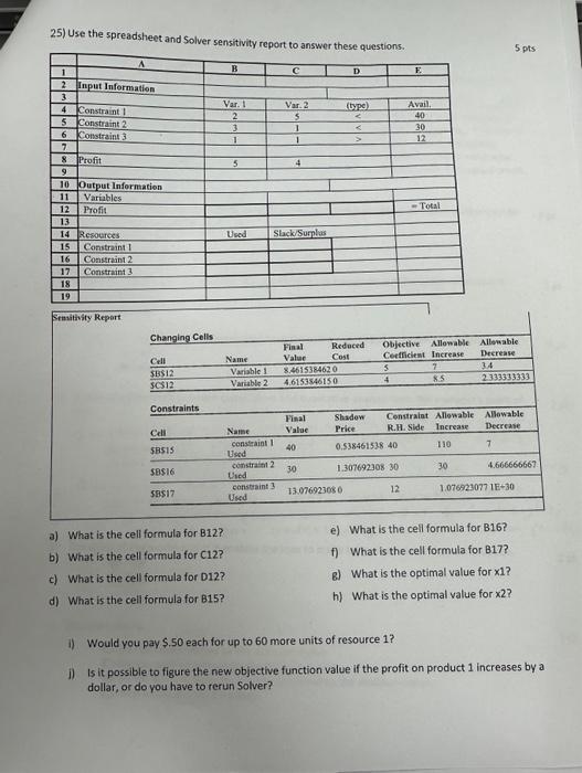 Solved 25 Use The Spreadsheet And Solver Sensitivity Report 