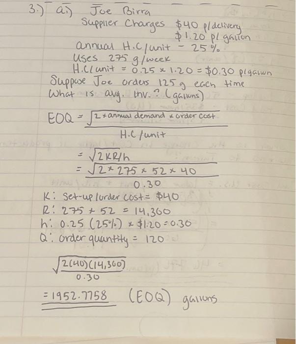 Solved Joe Birra - supplier charges $40/delivery | Chegg.com