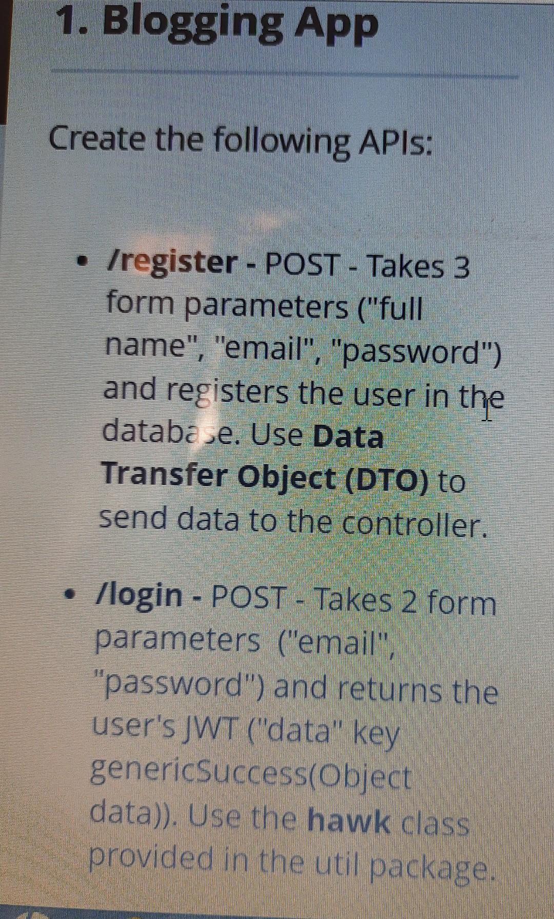 Solved 1. Blogging App Create the following APls: • | Chegg.com
