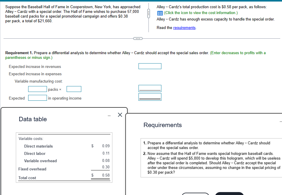 Solved Data tableRequirementsPrepare a differential analysis | Chegg.com