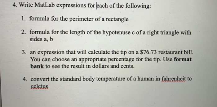 Solved 4. Write MatLab expressions for each of the | Chegg.com