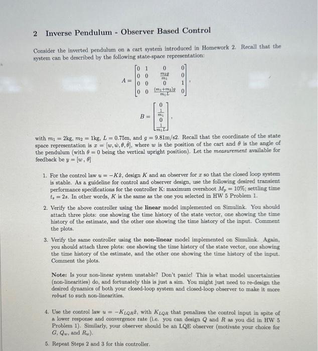 Solved 2 Inverse Pendulum - Observer Based Control Consider | Chegg.com