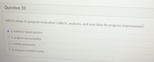 Solved Question 10Which phase to program evaluation | Chegg.com