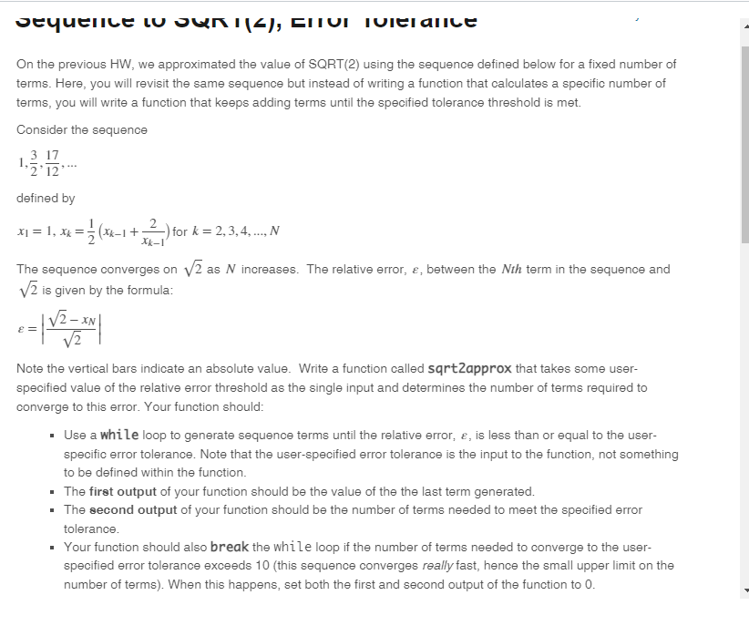 Solved Sequence to SQRT(2), ﻿Error ToleranceHelp Solve | Chegg.com