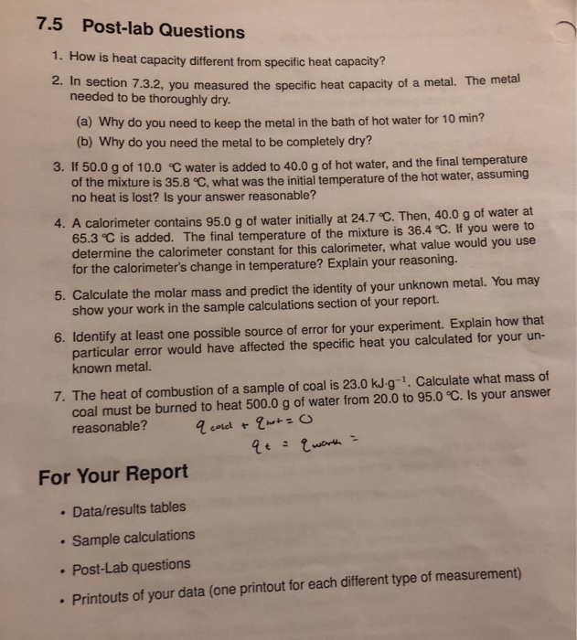 Solved 7.5 Post-lab Questions 1. How is heat capacity | Chegg.com